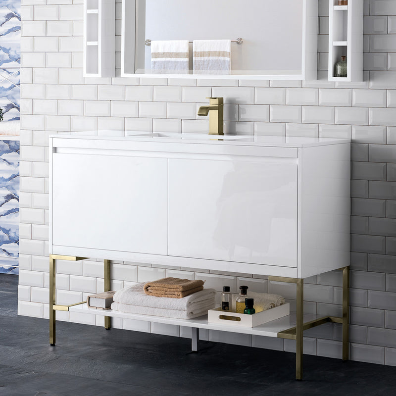 47.3" Mantova Single Bathroom Vanity, Glossy White w/ Champagne Brass ...